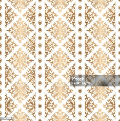 골든 빈티지 클래식 장식 원활한 다마스크 패턴 우아한 클래식 감촉 럭셔리 로얄 빅토리아 바로크 양식의 요소 직물 직물 벽지에 적합합니다 꽃 벡터 배경입니다 0명에 대한 스톡