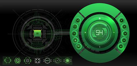 Digital Interface는 친환경 비주얼과 데이터 메트릭을 선보이며 현대적인 기술 테마를 강조합니다 디자인은 복잡하며 다양한 원형 요소와 숫자 디스플레이를 특징으로