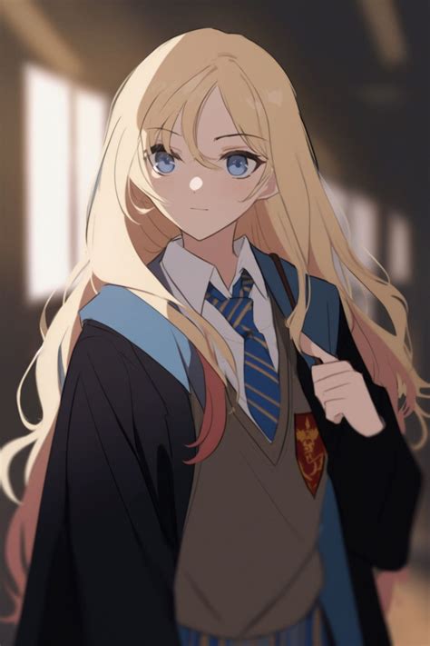 An Anime Character With Long Blonde Hair And Blue Eyes Wearing A Harry Potter Outfit Holding A