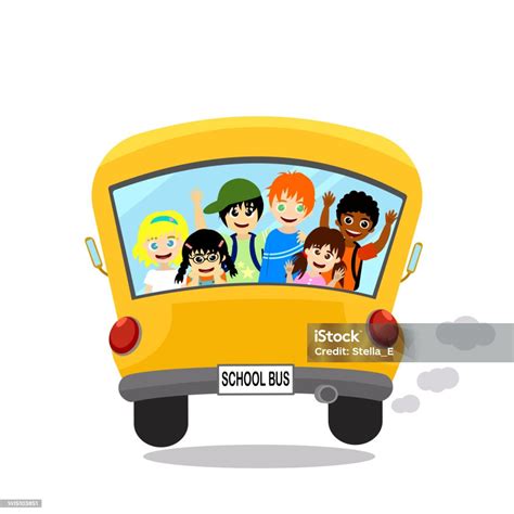 귀여운 노란색 학교 버스 뒷면보기 흰색 배경에 버스에 행복한 여섯 학생 어린이 다민족 친구의 그룹은 창을 통해 봐 조화 다양성 아이 교육 벡터 일러스트 레이 션 6 7 살에