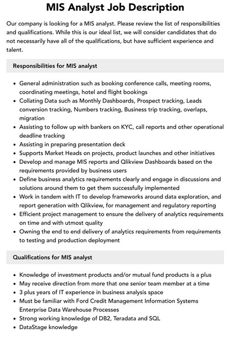 Mis Analyst Job Description Velvet Jobs