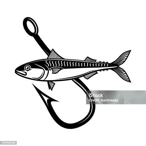 고등어 물고기와 교차 낚시 갈고리 엠블럼 간판 포스터 티셔츠를위한 디자인 요소 벡터 일러스트 레이 션 강철에 대한 스톡 벡터