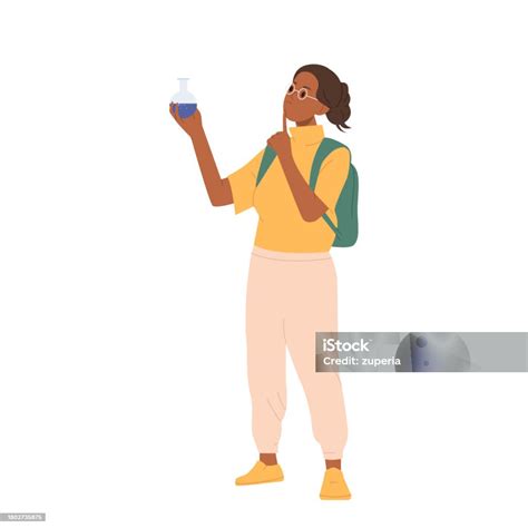 똑똑한 여자 지질학자 만화 캐릭터 흰색 절연 테스트 샘플로 화학 유리를 보고 있습니다 검사 보기에 대한 스톡 벡터 아트 및 기타 이미지 검사 보기 검색 고고학