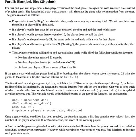 Solved Part Ii Blackjack Dice 20 Points For This Part You
