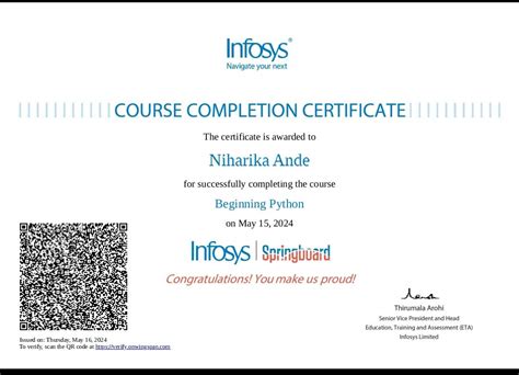 Successfully Completed Beginning Python Course From Infosys Springboard Niharika Ande