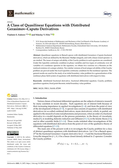 Pdf A Class Of Quasilinear Equations With Distributed Gerasimov Caputo Derivatives