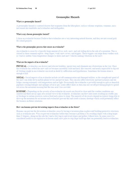 Geomorphic Hazards Formative Pdf Snow Natural Disasters