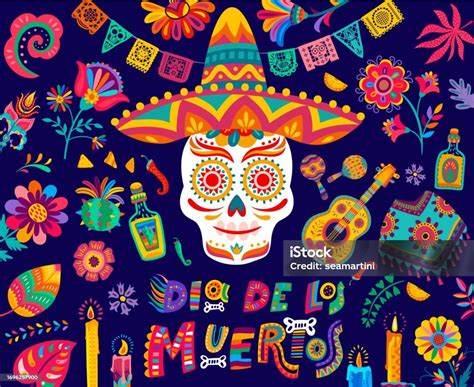 Day Of The Dead Mexican Skull Candles Guitar Stock Illustration