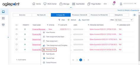 Reassign Task Screen Classic Work Center