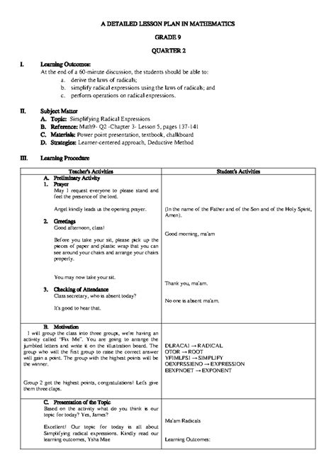 Mathematics Grade 9 Lesson Plan On Radicals And Simplifying Expressions
