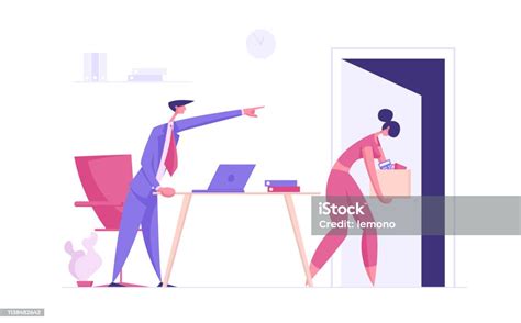 화가 보스 캐릭터 발사 직원 좌절 된 비즈니스 우먼을 발사 실업 해 고 Jobless 개념 벡터 만화 일러스트 레이 션 Demobilization에 대한 스톡 벡터 아트 및