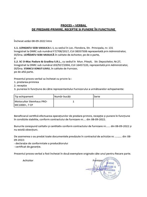 Proces Verbal De Predare Primire Receptie Si Punere Functiune Pdf