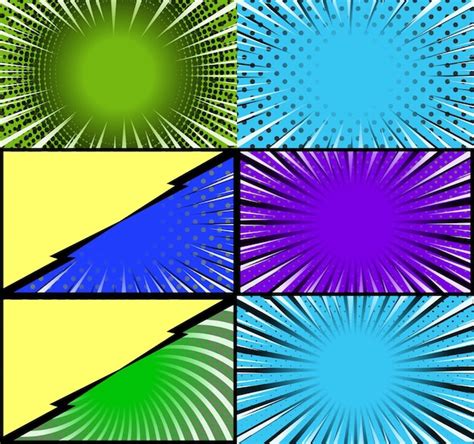 광선 방사형 하프톤 및 점선 효과 팝 아트 스타일이 포함된 만화책 다채로운 프레임 배경 무료 벡터