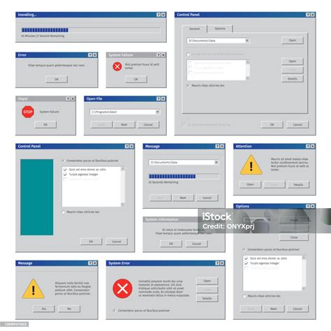 빈티지 컴퓨터 창 데스크톱 인터페이스 복고풍 사용자 프레임 팝업 상자 인터넷 익스플로러 빈 창 화려한 벡터 템플릿 세트 창문에 대한 스톡 벡터 아트 및 기타 이미지 Istock