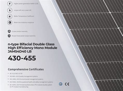 JA Solar Module N Type High Efficiency Mono Module Max Output Power 455W