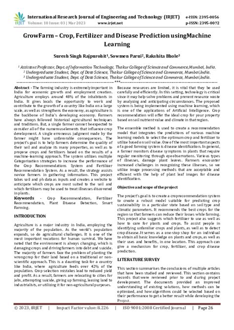 Pdf Growfarm Crop Fertilizer And Disease Prediction Using Machine Learning