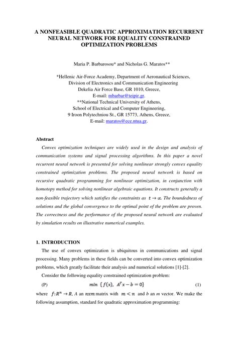 pdf a nonfeasible quadratic approximation recurrent neural network for equality constrained