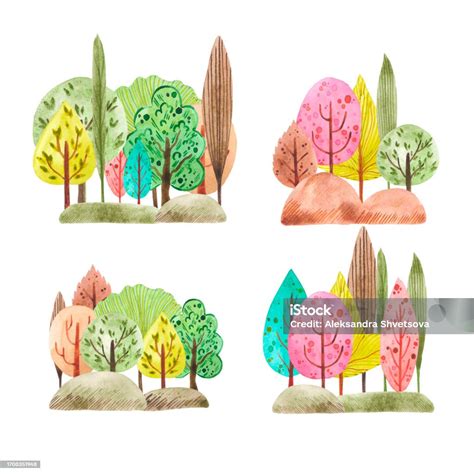 손으로 그린 수채화 가을 숲에는 하얀색으로 분리된 다채로운 나무들이 있다 시골 스타일의 일러스트레이션은 어린이 섬유 배너 라벨