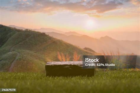 초현실적 인 돌 연단 테이블 탑 황금빛 빛 산 자연 풍경 배경 빈 공간 잔디 벽지 화장품 미용 제품 배치 받침대 바위 스탠드