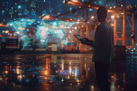 Man With Tablet At Port Global Network Visualization Logistics Trade Shipping Stock Man With Tablet At Port Global Network Visualization Logistics Trade Shipping Stock