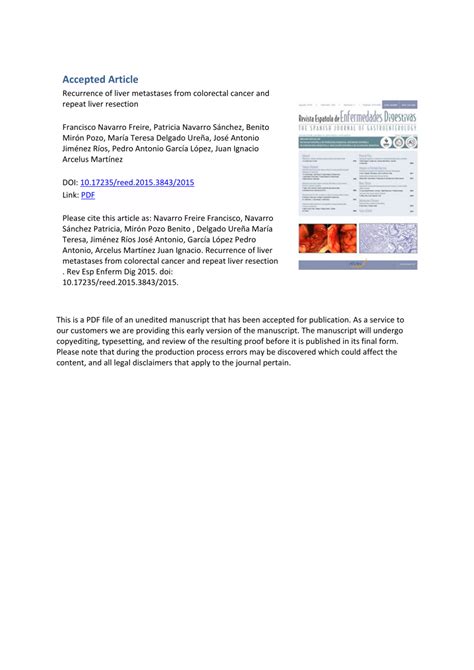 Pdf Recurrence Of Liver Metastases From Colorectal Cancer And Repeat Liver Resection