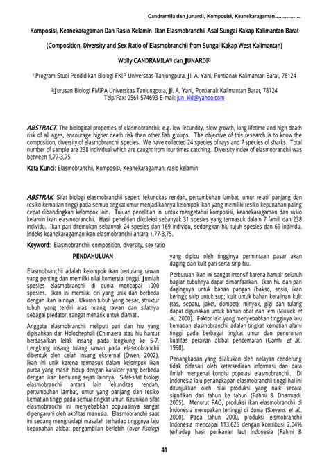 Pdf Composition Diversity And Sex Ratio Of Elasmobranchii From Sungai Kakap West Kalimantan