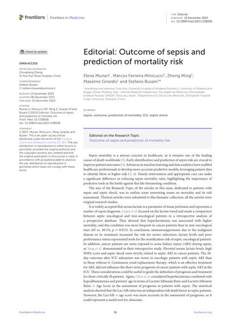 PDF Editorial Outcome Of Sepsis And Prediction Of Mortality Risk