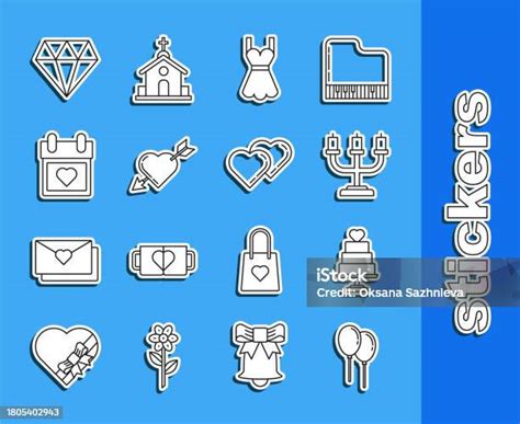 리본 웨딩 케이크 하트 촛대 여자 드레스 Amour 기호 화살표 달력 다이아몬드 및 두 개의 연결된 하트 아이콘과 풍선을 설정합니다 벡터 0명에 대한 스톡 벡터 아트 및