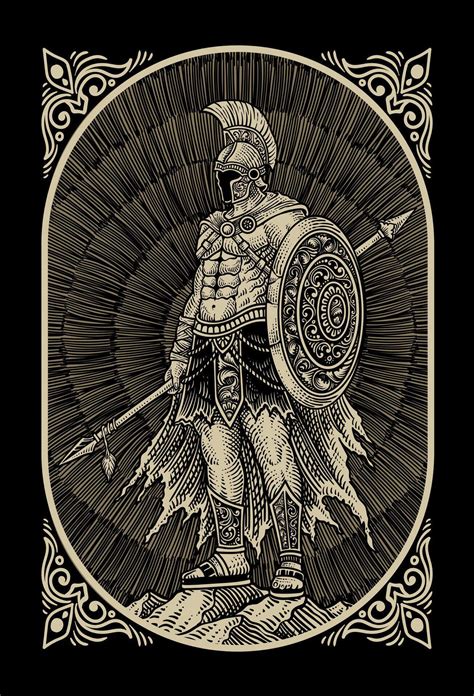 Ancient Warrior Illustration With Shield And Spear 76186575 Vector Art