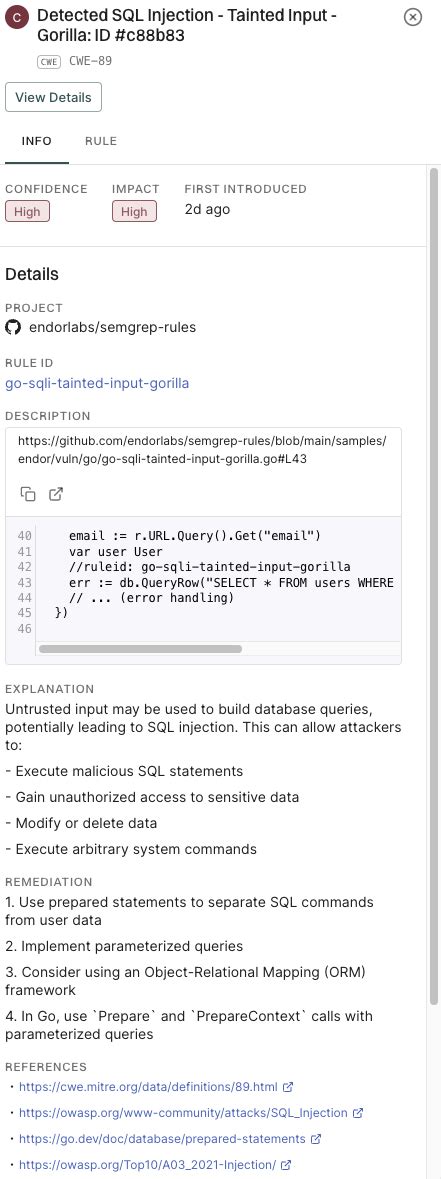 view sast findings endor labs docs