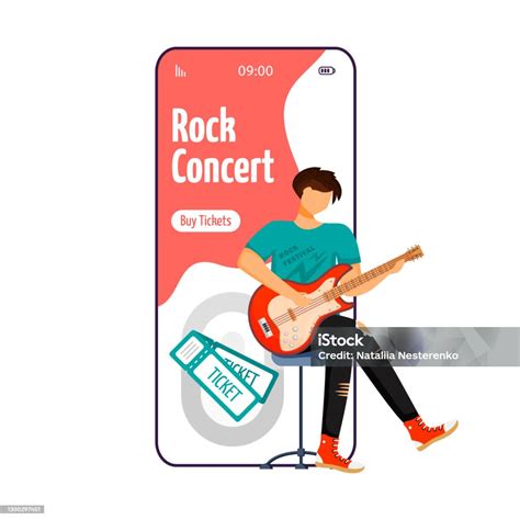 록 콘서트 만화 스마트 폰 벡터 응용 프로그램 화면 기타리스트 기타 플레이어를 앉아 음악가 플랫 캐릭터 디자인 모형과 휴대 전화 디스플레이 응용 프로그램 전화 귀여운