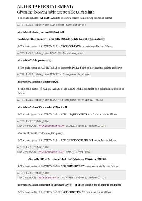 Alter Table Statement Alter Table Statement Given The Folowing Table