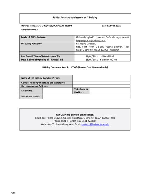 Fillable Online Risl Rajasthan Gov Rfp For Access Control System At It Building Fax Email Print