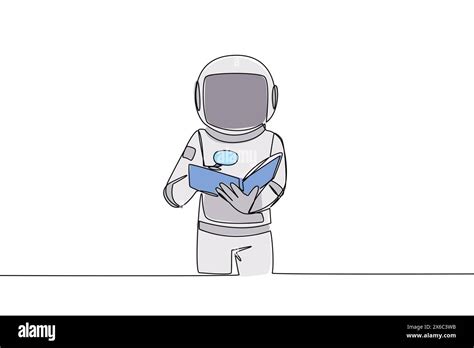 Single Continuous Line Drawing Astronaut Reading Book While Holding A