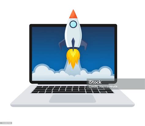 노트북 화면에서 로켓 발사 새로운 비즈니스 프로젝트에 대한 개념 기호가 있는 제품 또는 서비스 시작 Launch Party에 대한 스톡 벡터 아트 및 기타 이미지 Istock