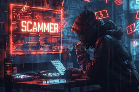 Digital Scammer Hacker With Computer And Mobile In The Shadows Of The