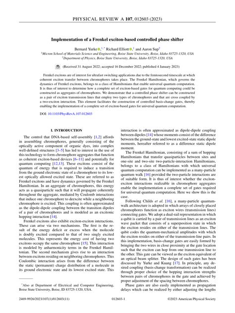 Pdf Implementation Of A Frenkel Exciton Based Controlled Phase Shifter