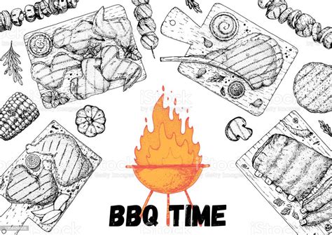 바베큐 그릴 음식 스케치 메뉴 디자인 템플릿입니다 구운 고기와 야채 프레임 벡터 그림입니다 새겨진 디자인 손으로 그린 그림 갈비 음식에 대한 스톡 벡터 아트 및 기타 이미지