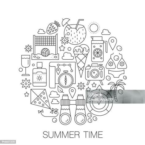 원형덮개 휘장 배지 개념 선 그림에에서 여름 시간 여름철 휴가 여행 선 스트로크 아이콘 설정합니다 개념에 대한 스톡 벡터 아트 및 기타 이미지 Istock