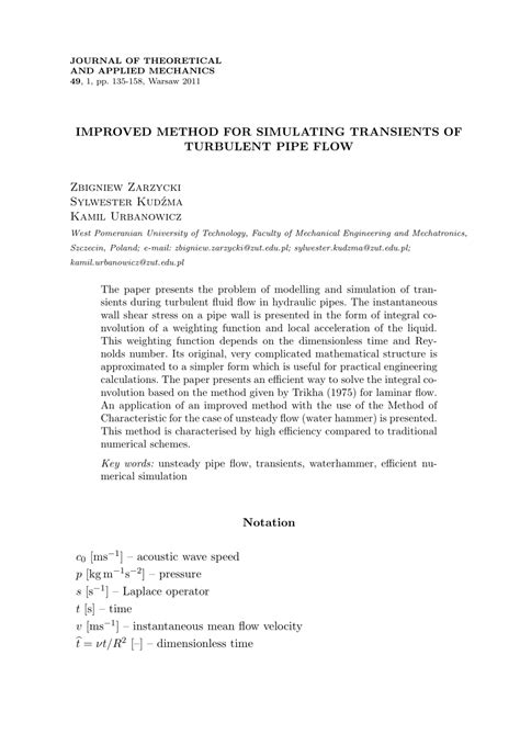 Pdf Improved Method For Simulating Transients Of Turbulent Pipe Flow