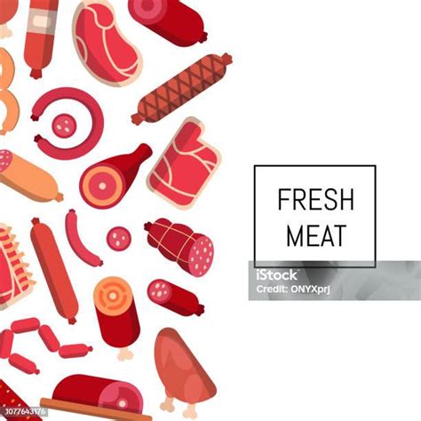 벡터 평면 고기와 소시지 아이콘 배경 장소에 대 한 텍스트 설명 가공육에 대한 스톡 벡터 아트 및 기타 이미지 가공육 개체 그룹 건강에 좋지 않은 음식 Istock