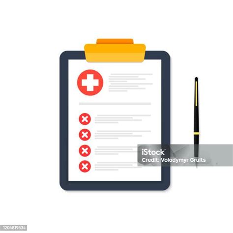 빨간색 자국이있는 의료 카드가있는 태블릿이 흰색 배경에 묘사되어 있습니다 핸들은 오른쪽에 있습니다 건강 진단에 대한 스톡 벡터 아트 및 기타 이미지 Istock