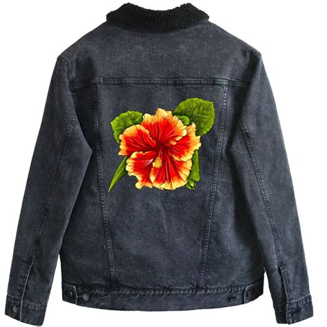 Hawaiian Hibiscus Flower Unisex Sherpa Lined Denim Jacket By