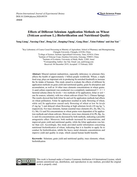Pdf Effects Of Different Selenium Application Methods On Wheat Triticum Aestivum L