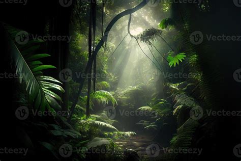 Illustration Of Dark Rainforest Sun Rays Through The Trees Rich Jungle Greenery Atmospheric