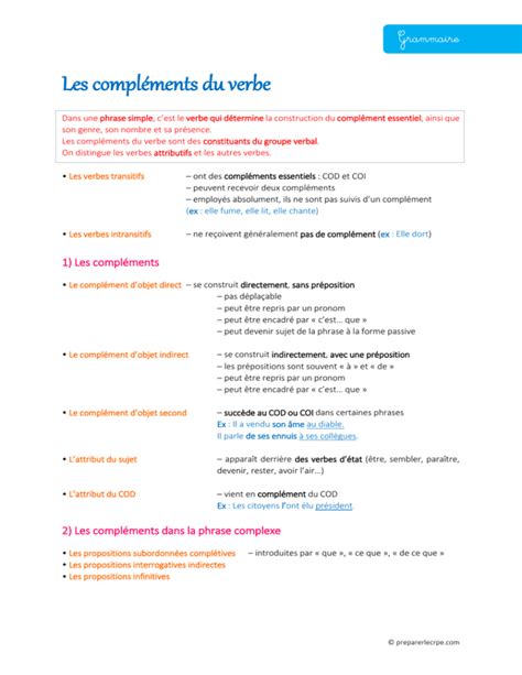 Fiche 12 Les Compléments Du Verbe
