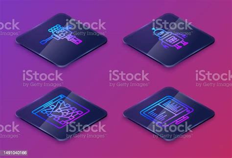 아이소메트릭 라인 설정 기계식 로봇 손 및 드라이버 글로벌 기술 또는 소셜 네트워크 로봇 및 컴퓨터 모니터 화면 파란색 사각형 버튼입니다 벡터 3차원 형태에 대한 스톡 벡터