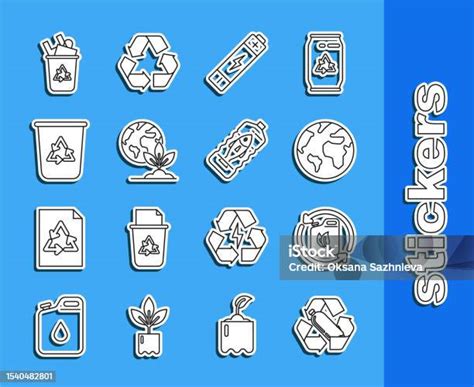 세트 라인 재활용 플라스틱 병 바이오 연료 용기 지구 지구 배터리 및 식물 재활용 기호가 있는 휴지통 및 해양 오염 중지 아이콘 벡터 기체 물리 구조에 대한 스톡 벡터 아트