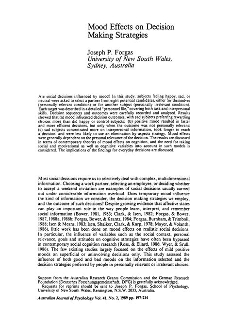 Pdf Mood Effects On Decision Making Strateges