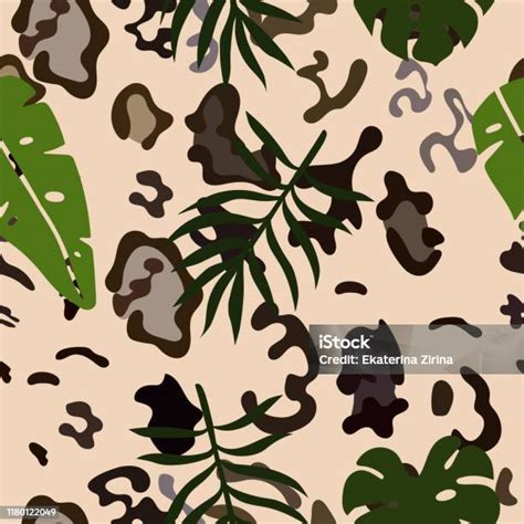 눈 표범 스킨과 열대 잎의 원활한 패턴 벡터 템플릿입니다 연속무늬에 대한 스톡 벡터 아트 및 기타 이미지 연속무늬 위장 가죽 Istock